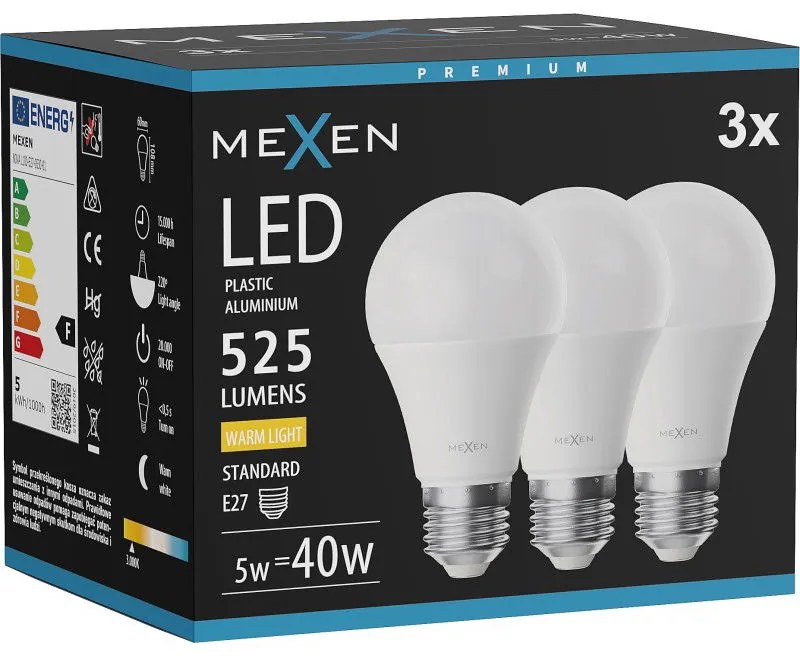Mexen Nova 3x LED žárovka E27, A60, 5W, Teplá - 3000K, 525 lm - L100-E27-0530-01x03