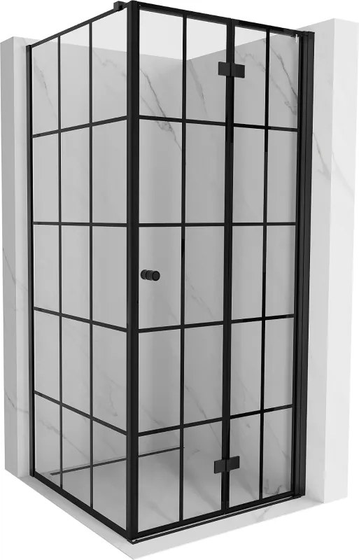 Mexen Mist-F T, 1-křídlý skládací sprchový kout pravý 80 x 80 cm, čiré sklo-černá mřížka, 8A6T-080-080-70-77-P