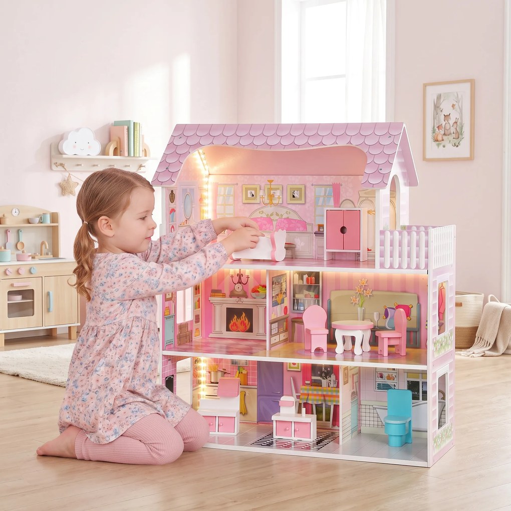 AIYAPLAY třípatrový domeček pro panenky s LED, růžový