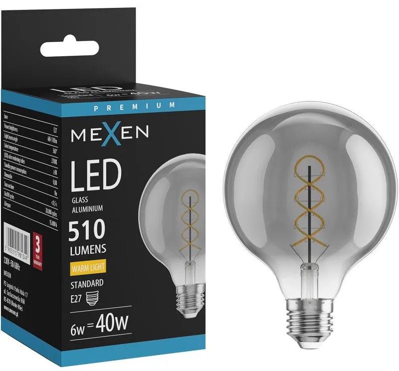 Mexen Vintis Žárovka filament spirála LED E27, G95, 6W, Teplá - 2700K, 510 lm, kouřová - L167-E27-0627-70