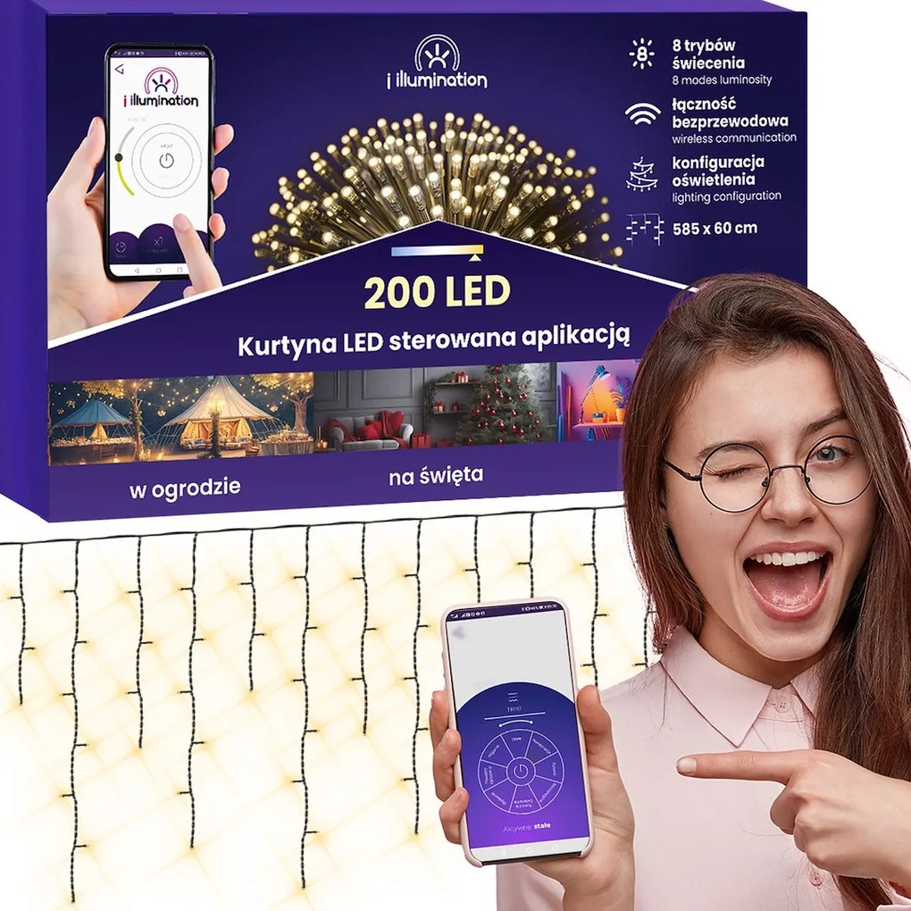 JU Závěs s ledovými kapkami a osvětlením, 200 LED, 300 cm, teplá bílá, napájený ze sítě, venkovní