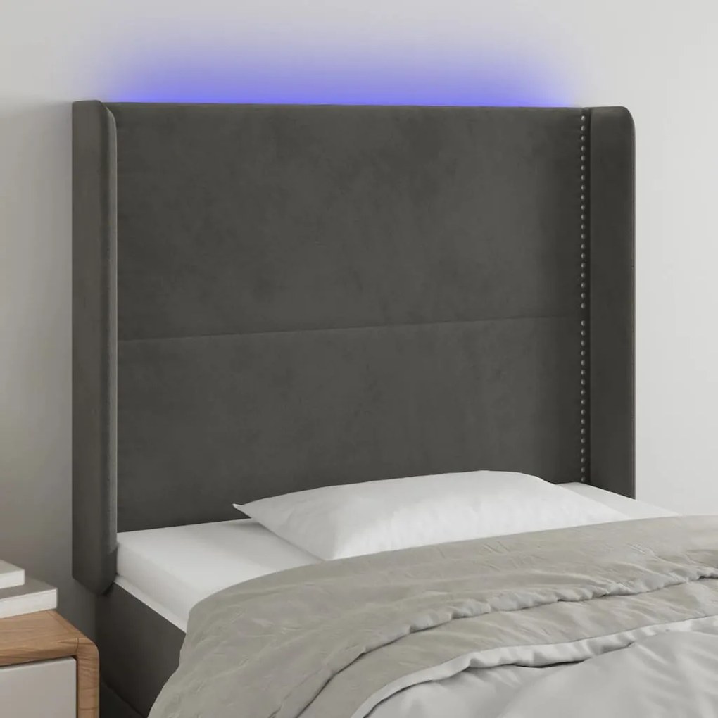 Čelo postele s LED tmavě šedé 93 x 16 x 118/128 cm samet 3123945