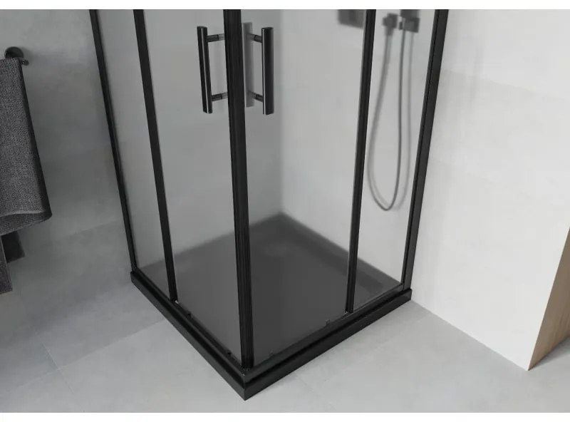 Mexen Rio, čtvercový sprchový kout 80(dveře)x80(dveře)x190 cm, 5mm sklo námraza, černý profil + černá sprchová vanička SLIM, 860-080-080-70-30-4070B