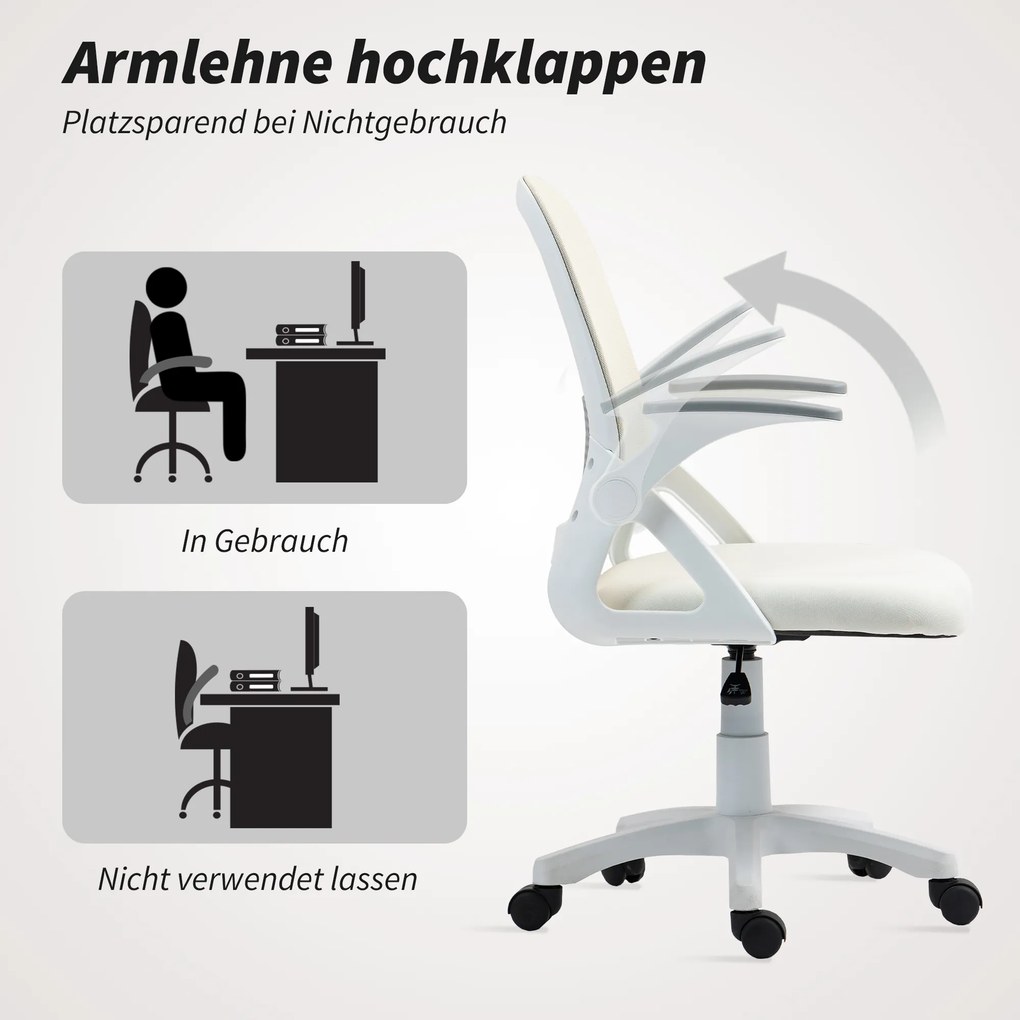 HOMCOM ergonomická síťovaná kancelářská židle se sklápěcími područkami, bederní oporou, nastavitelná výška a náklon — bílá