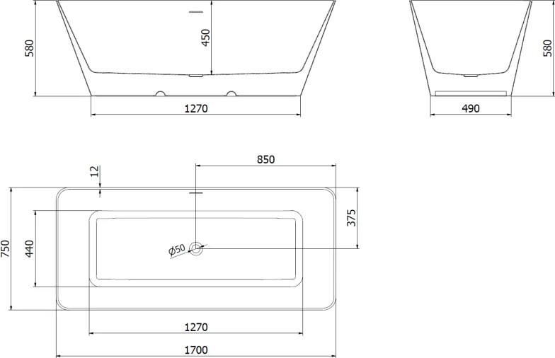 Mexen Velo Slim, volně stojící vana 170 × 75 cm, bílá lesklá, zlatý lesklý přepad, 52811707500-50