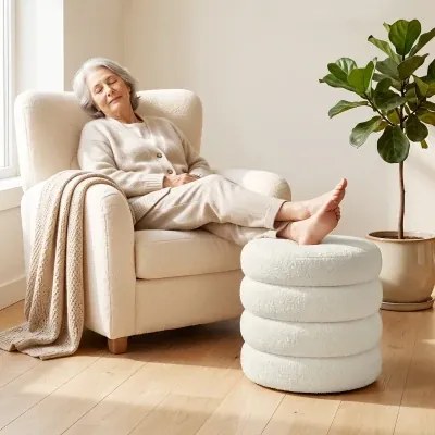 HOMCOM taburet, kulatý, teddy fleece, do 120 kg, Φ40x45H cm, bílá