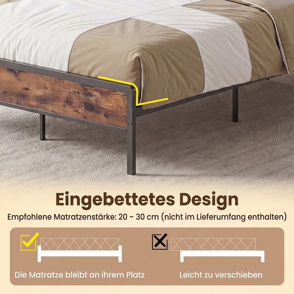 Costway Kovová postel 140 × 220 cm s LED a nabíjením, hnědá