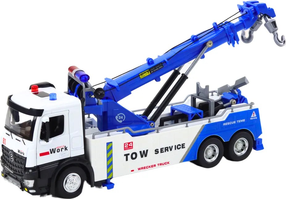 LEAN Toys Nákladní auto s jeřábem, dvěma háky, kovové, bílo-modré, světla a zvuky