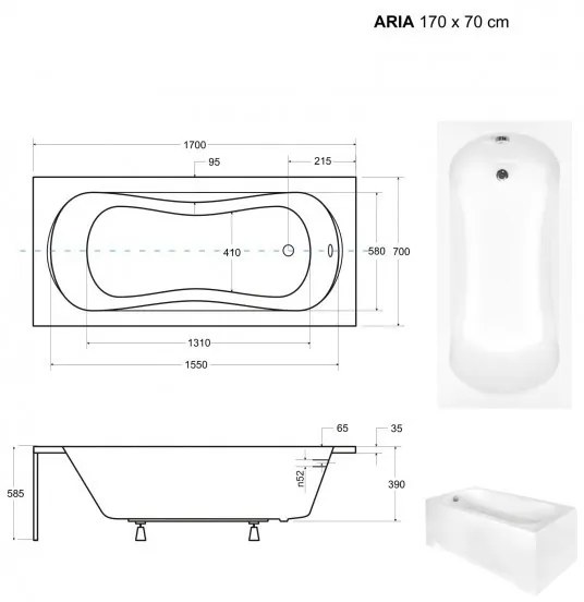 BESCO Obdélníková vana ARIA PLUS Nožičky k vaně - Bez nožiček, Rozměr vany - 170 × 70 cm VANARIA170PLUS