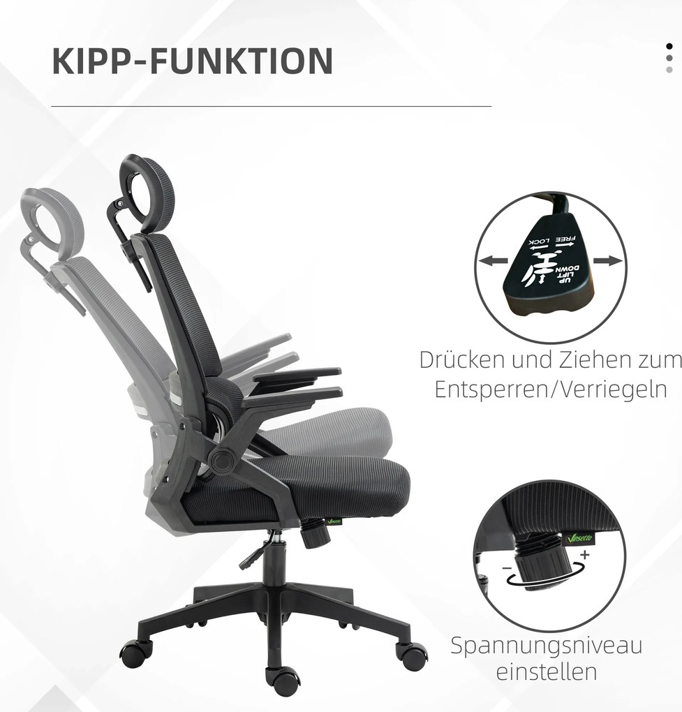 Ergonomická kancelářská židle Vinsetto, židle k psacímu stolu s nastavitelnou opěrkou hlavy, výškově nastavitelné područce, počítačová židle s funkcí…