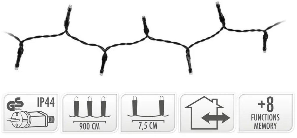 Vánoční světélka 9 m/120 led vícebarevná, 8 režimů svícení, paměťová funkce
