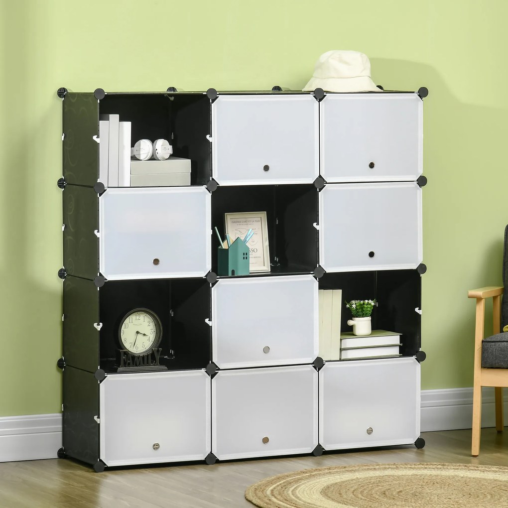 HOMCOM Botník Úložný box s 12 kostkami DIY zásuvný regál s dvířky Plastová ocel Černá+bílá 125 x 32 x 125 cm