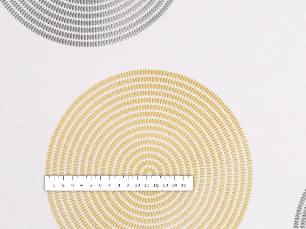 Biante Sametový běhoun na stůl Tamara TMR-023 Žluté a šedé designové kruhy na smetanovém 35x180 cm
