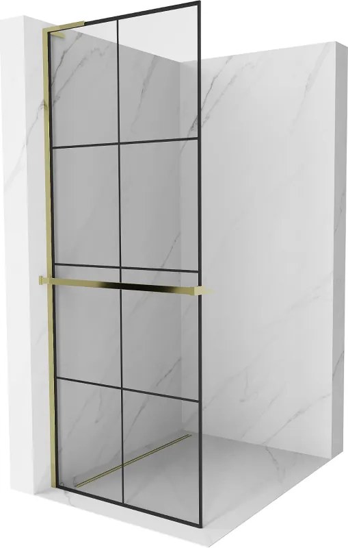 Mexen Kioto+ L, sprchová zástěna Walk-In s poličkou a věšákem 90 x 200 cm, 8mm čiré sklo černý vzor, ​​zlatý lesklý profil, 800-090-123-50-77