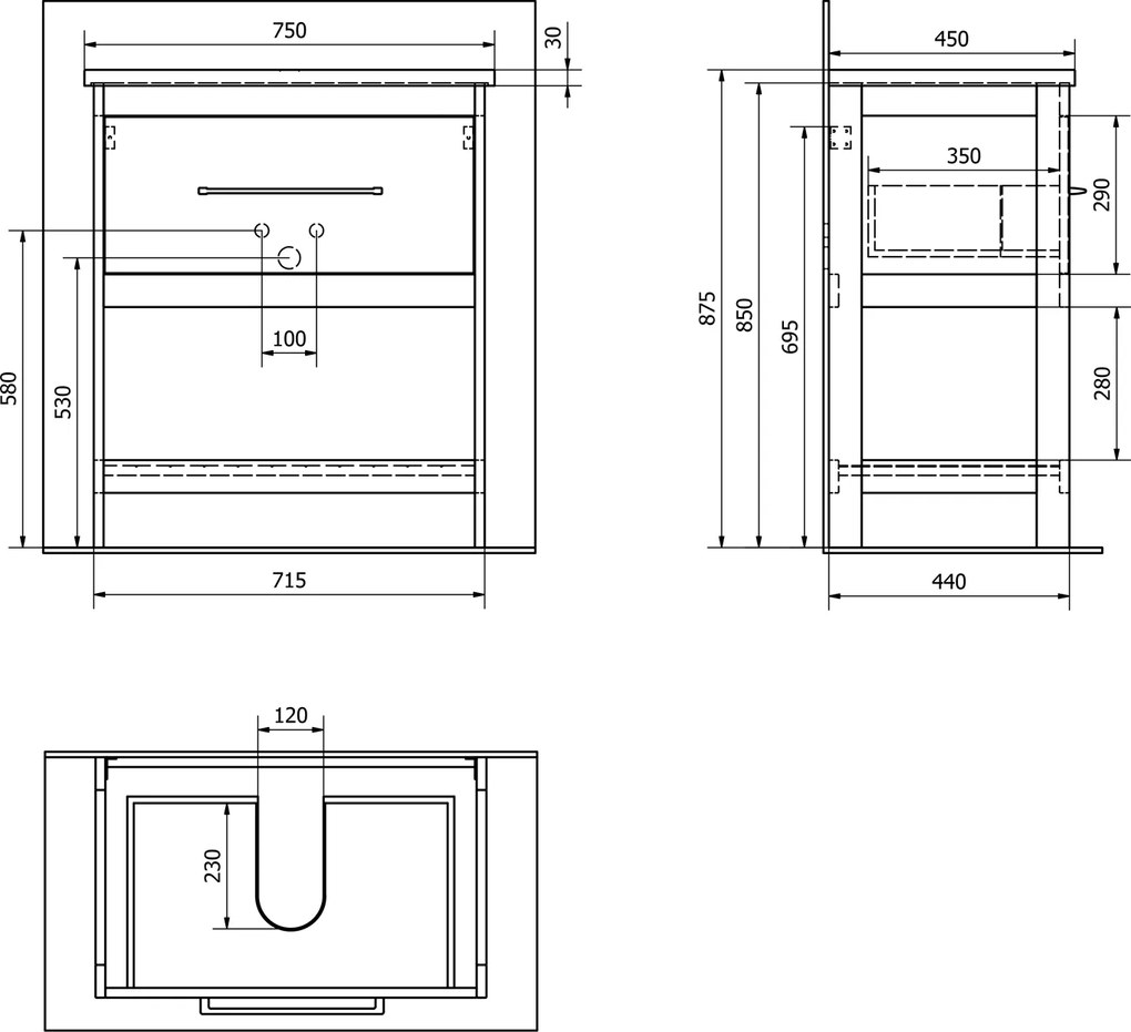 Aqualine ETIDE umyvadlová skříňka 71,5 x 85 x 44 cm bílá mat ET725