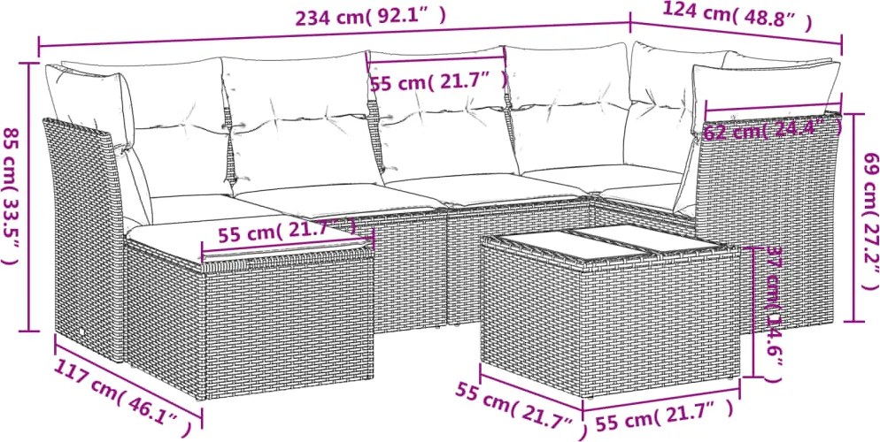 7dílná zahradní sedací souprava s poduškami šedá polyratan 3249799