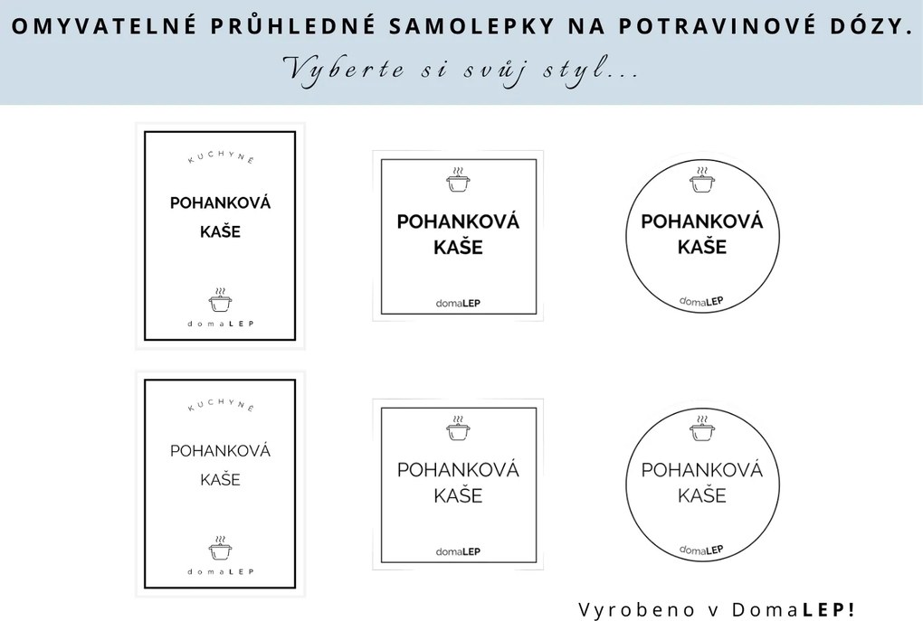POHANKOVÁ KAŠE - omyvatelná samolepka na dózu, výběr rozměrů Ø 5 cm / 5 x 5 cm / 6 x 8 cm | DomaLEP tvar: KOLEČKO, barva: PRŮHLEDNÁ - ČERNÉ písmo, velikost: Ø 5 cm - základní písmo