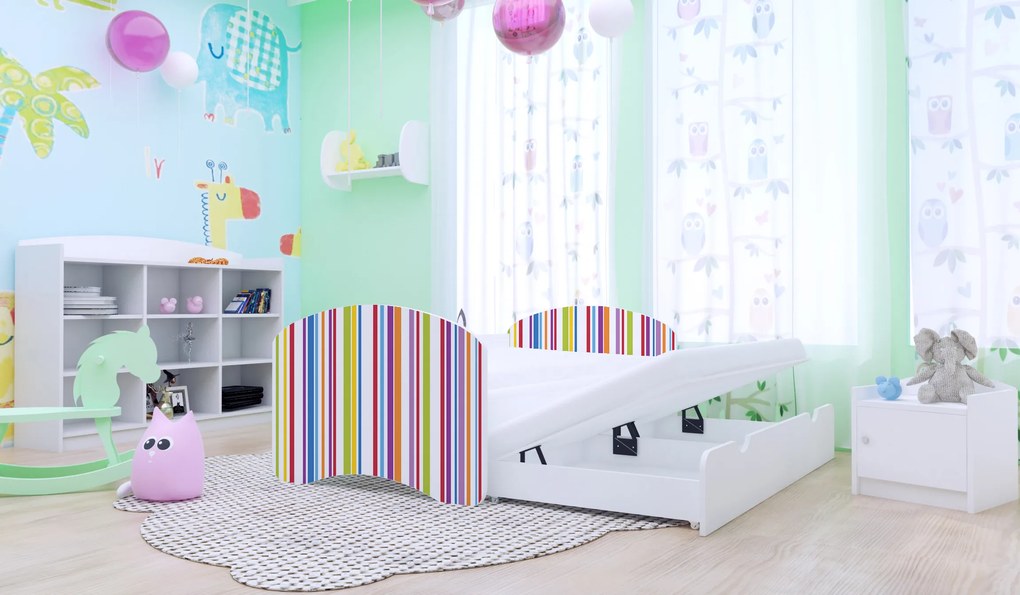 Svět pokojů Dětská postel Kevin pro dvě děti - barevné pásky + matrace zdarma Barva: Bílá, Rozměr: 160x80 cm, Zábrana: NE