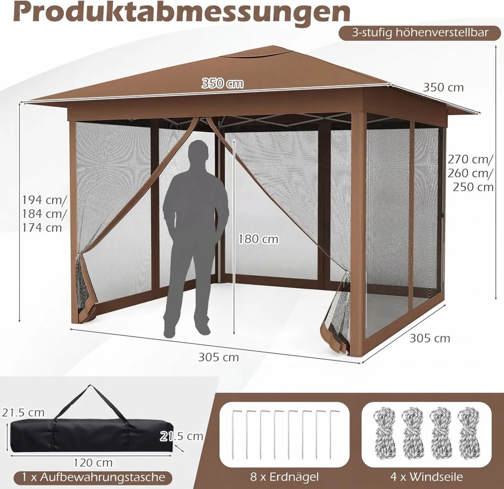Costway Gazebo One Push Výškově nastavitelné s moskytiérou Dvojitá střešní taška