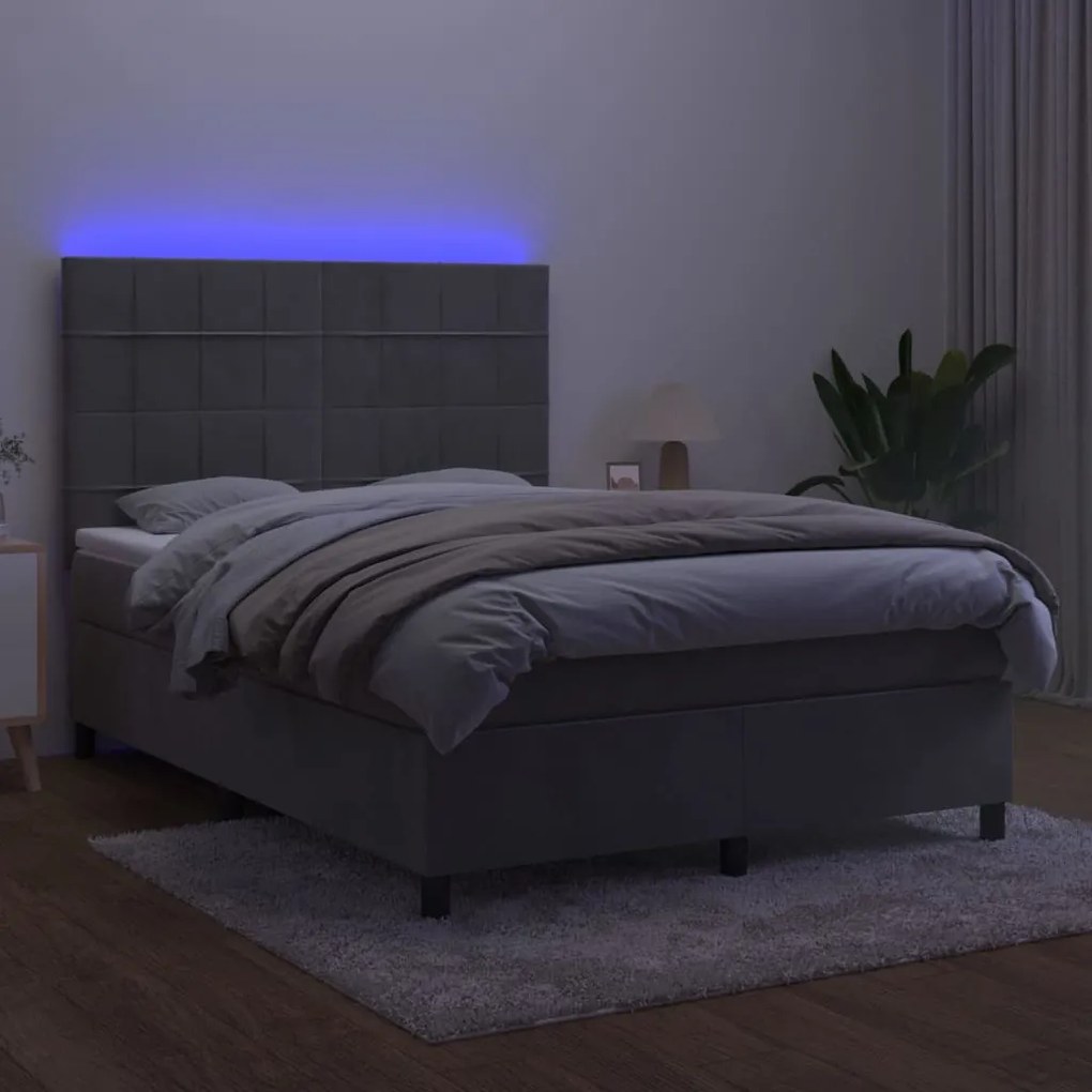 Box spring postel s matrací a LED světle šedá 140x190 cm samet 3136119
