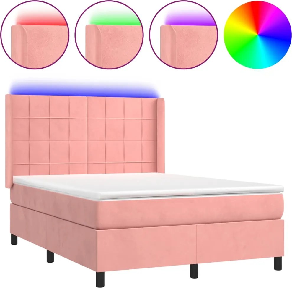 Box spring postel s matrací a LED růžová 140x200 cm samet 3139570