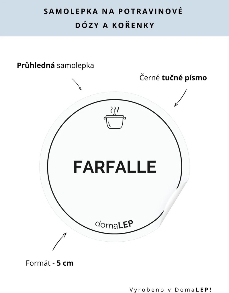 FARFALLE  – průhledná samolepka na dózu, tučné písmo, 5 cm | DomaLEP