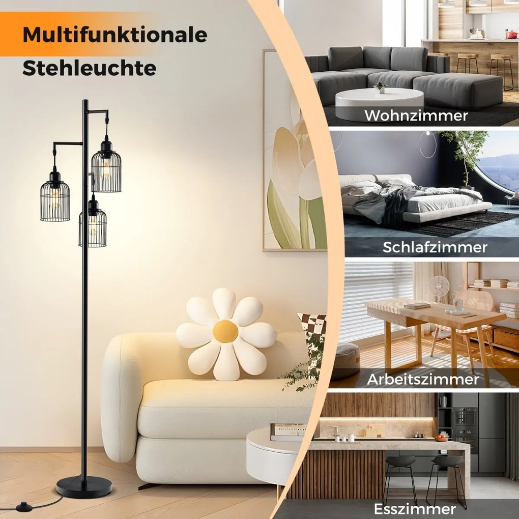 Costway Moderní stojací lampa 169 cm průmyslová stojací lampa s 3 stínidla nožní