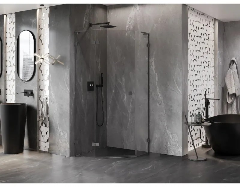 Mexen Lunar, L pětiúhelníkový sprchový kout naklápěcí doleva 80 x 80 cm, 8mm čiré sklo, grafitový profil, 831L-080L-080P-95-00-L