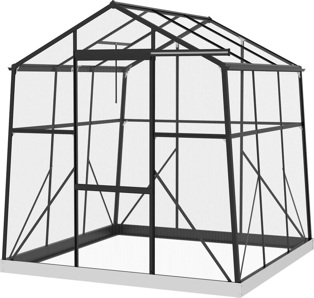 Outsunny skleník hliníkový 192 x 192 x 204 cm Skleník 3,68 m² s oknem, posuvnými dveřmi a základem pro pěstování rostlin Černá | Aosom.de
