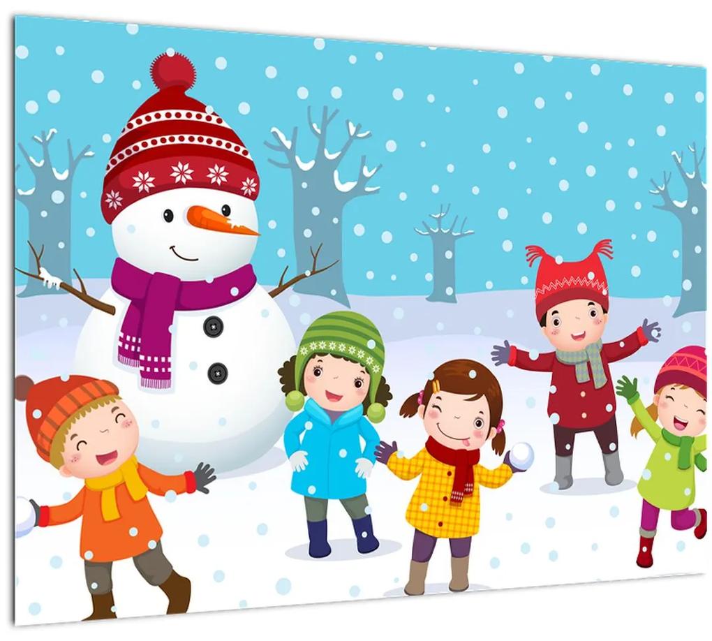 Skleněný obraz - Zimní dětské radovánky (70x50 cm)