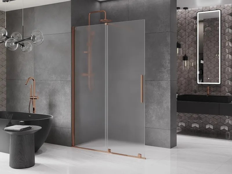 Mexen Velar sprchová stěna posuvná Walk-in 140 x 200 cm, matné sklo 8 mm, růžové zlato - 871-140-000-33-60