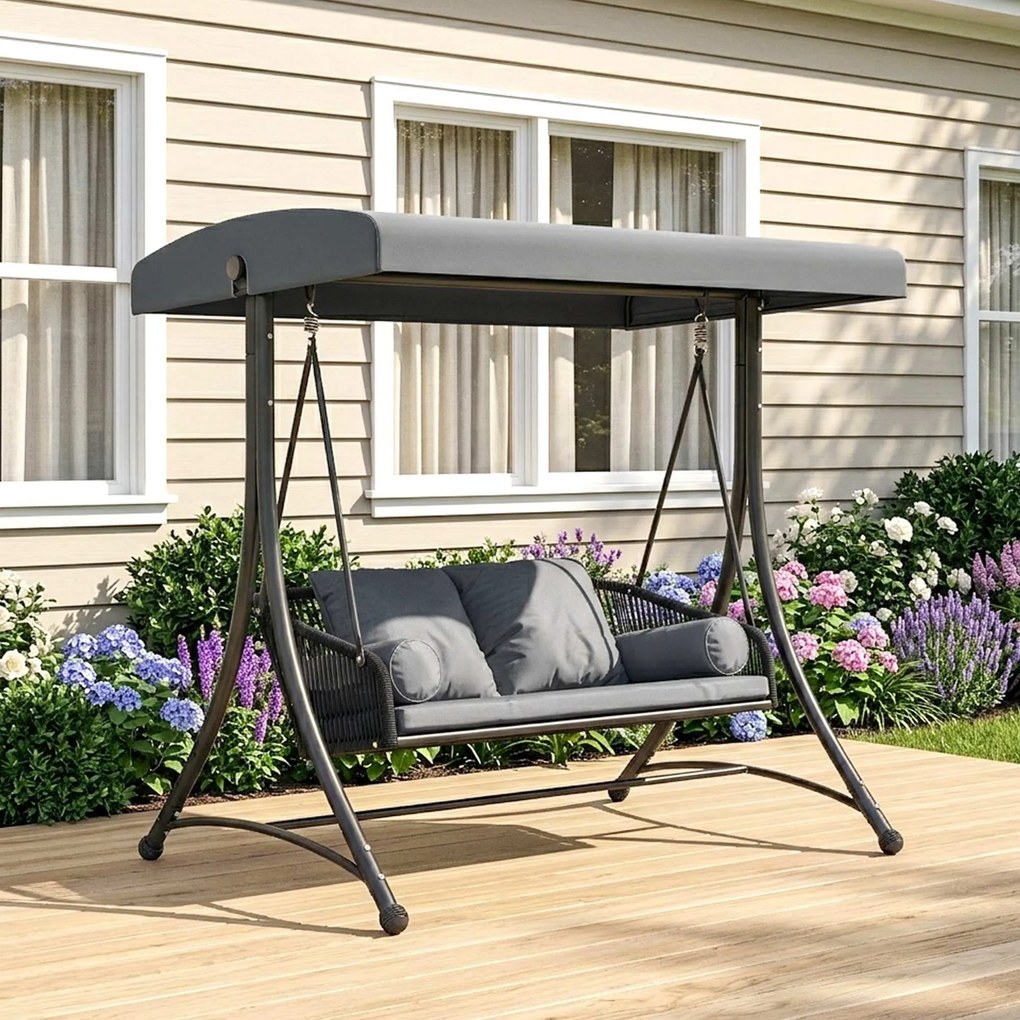 Outsunny ratanová houpačka Hollywood pro 2 osoby — zahradní lavice s nastavitelnou stříškou a polštáři, A-rám, nosnost 240 kg, 178 × 120 × 172 cm (tm…