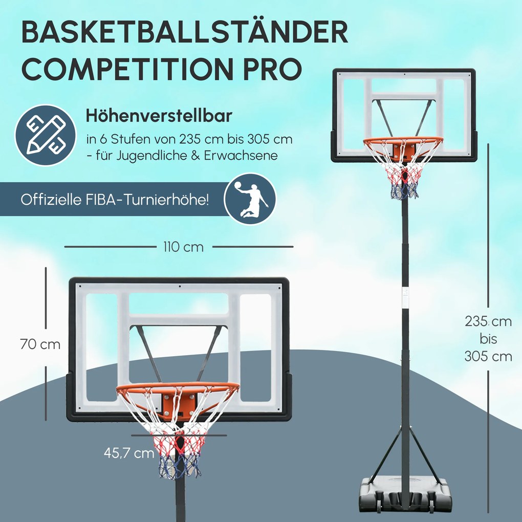 HOMCOM Mobilní basketbalový stojan Basketbalový koš výškově nastavitelný z oceli a plastu černý 90 x 165 x 302-352 cm pro zahradu a sportoviště