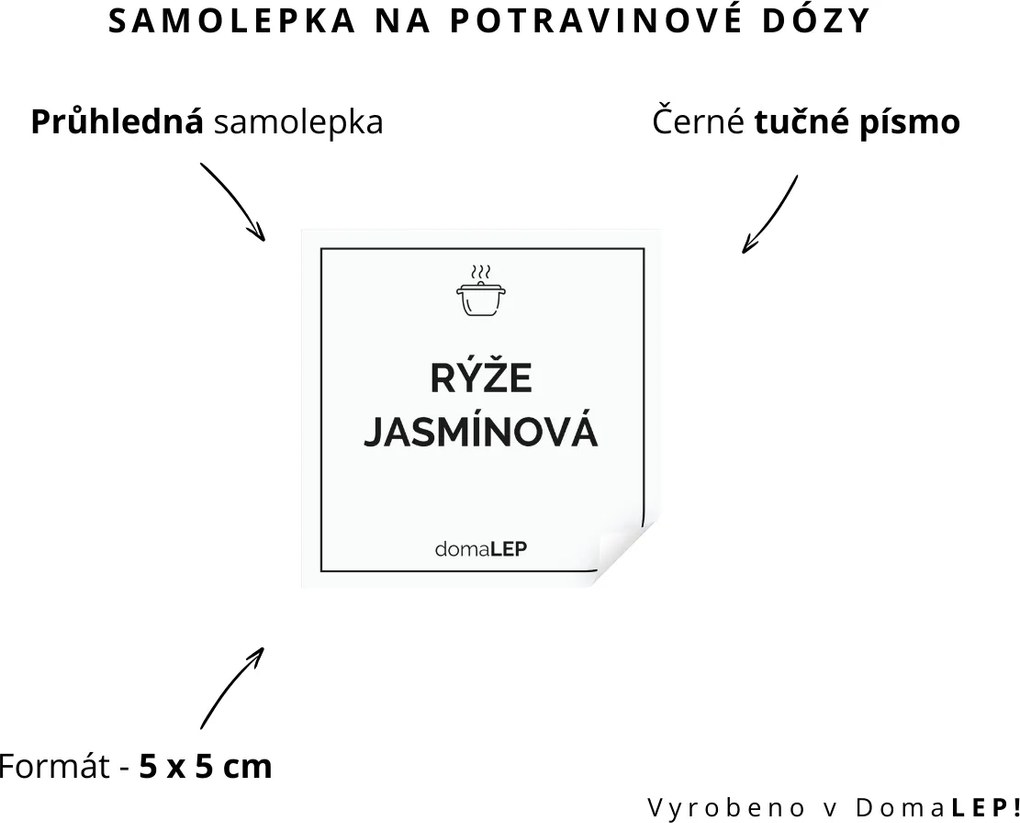 RÝŽE JASMÍNOVÁ - omyvatelná samolepka na dózu, výběr rozměrů Ø 5 cm / 5 x 5 cm / 6 x 8 cm | DomaLEP tvar: KOLEČKO, barva: PRŮHLEDNÁ - ČERNÉ písmo, velikost: Ø 5 cm - základní písmo