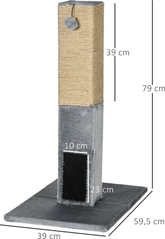 PawHut 79 cm Kočičí Škrabadlo se Závěsným Míčkem a Jutovým Sloupem 59.5x39x79 cm Šedé
