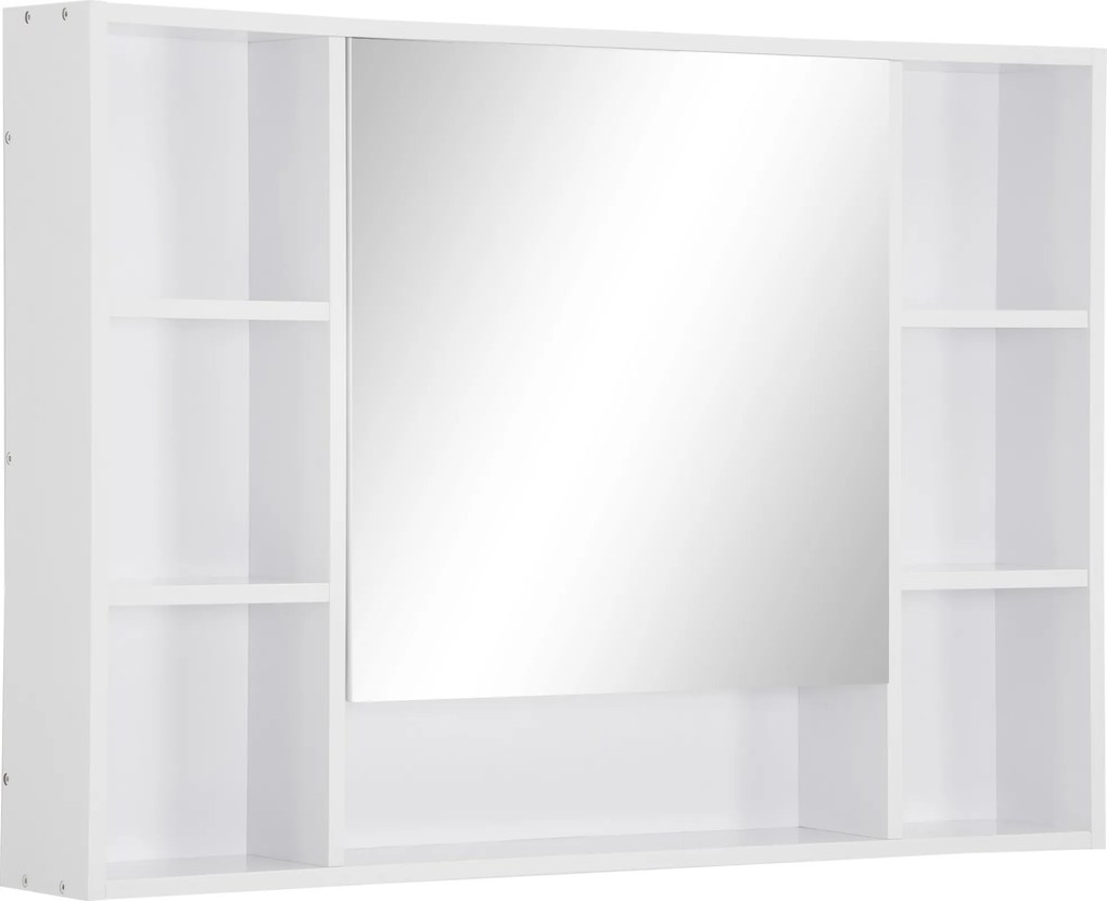 Kleankin koupelnové zrcadlo s otevřenými policemi a zrcadlovými dveřmi skříňky, úsporná bílá koupelnová skříňka, 100x15x70cm