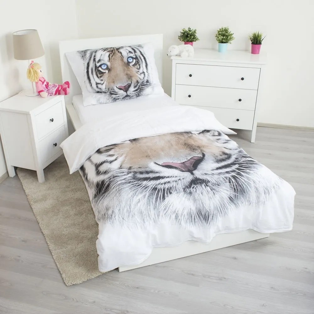 Bílo-šedé bavlněné dětské povlečení na jednolůžko 140x200 cm White Tiger – Jerry Fabrics