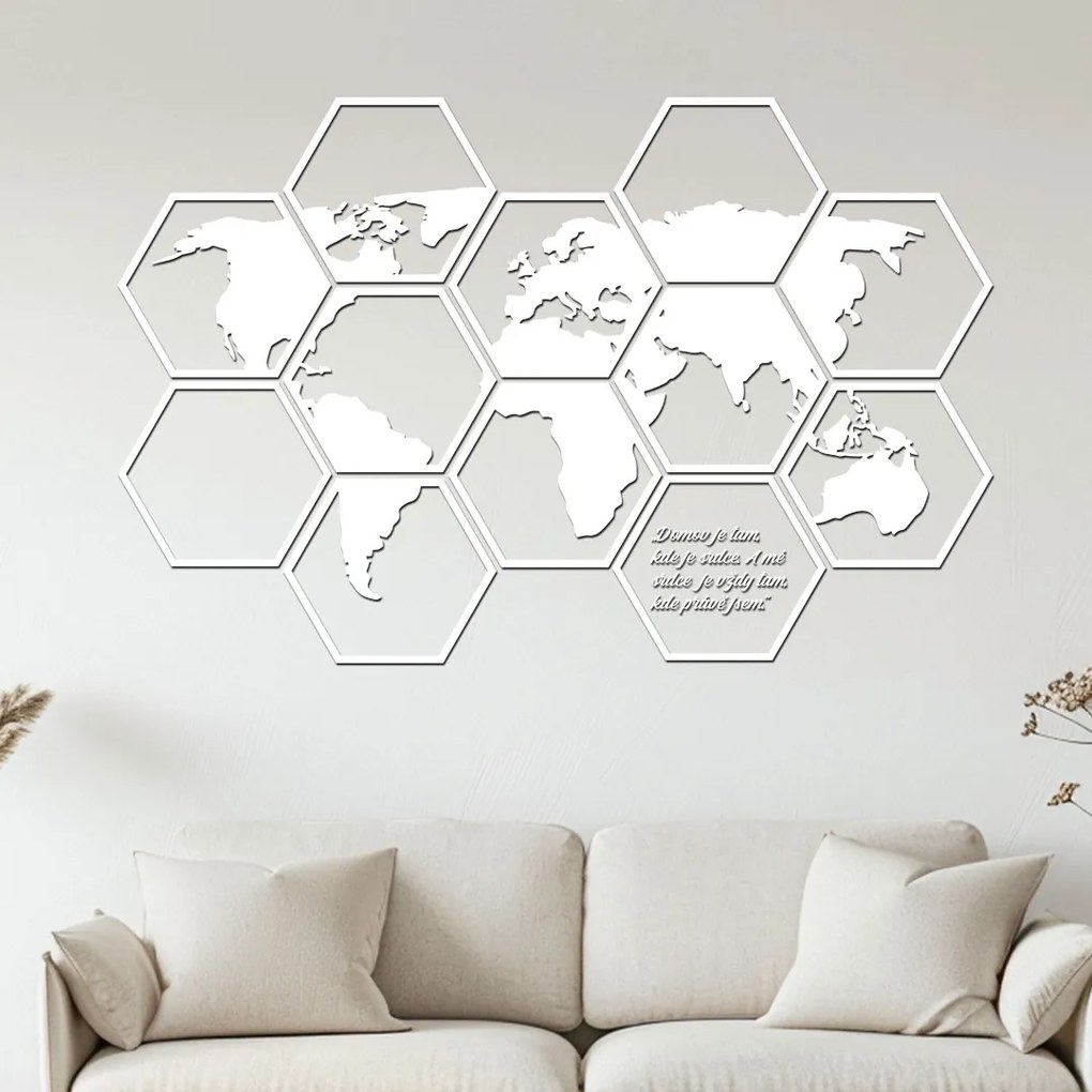 dřevo života Dřevěná mapa světa Hexagon Zvolte barvu dekoru: Bílá, Rozměry (cm): 124x80