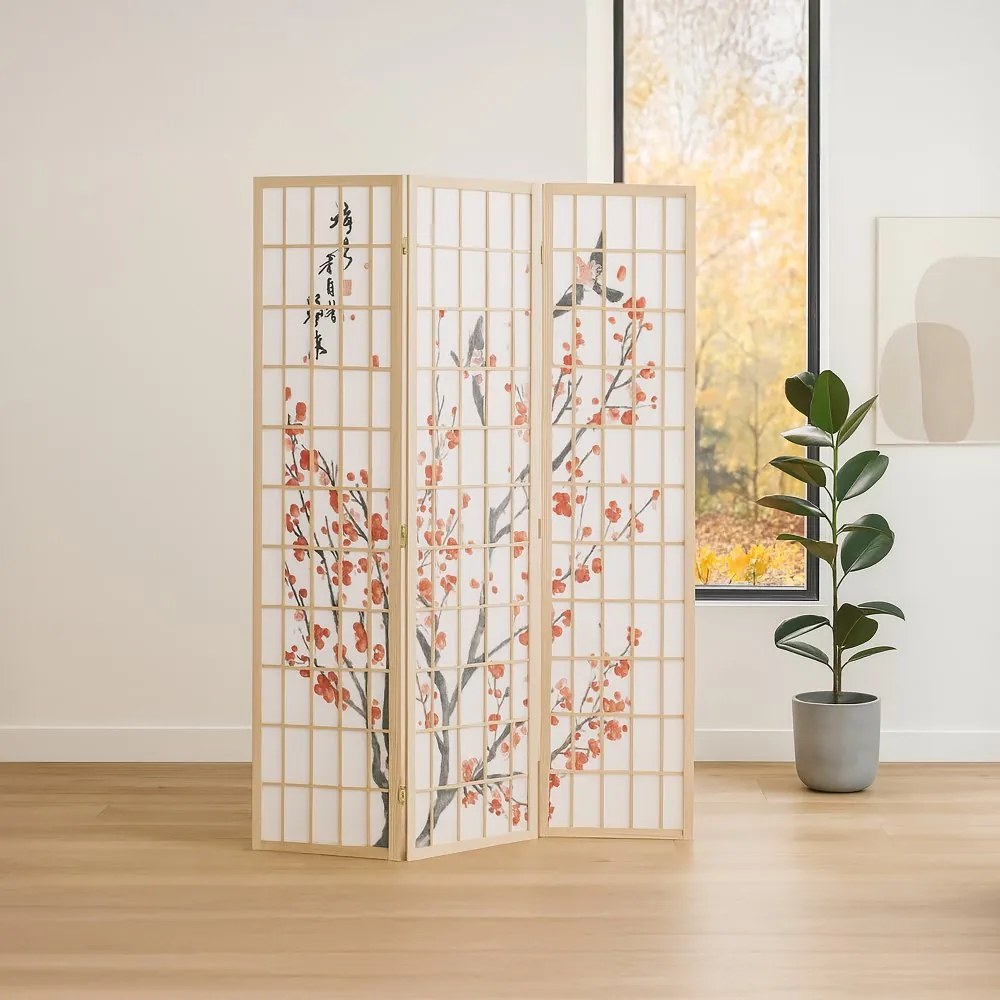 3dílný paravan SAKURA — dřevo, netkaná textilie, přírodní / bílá