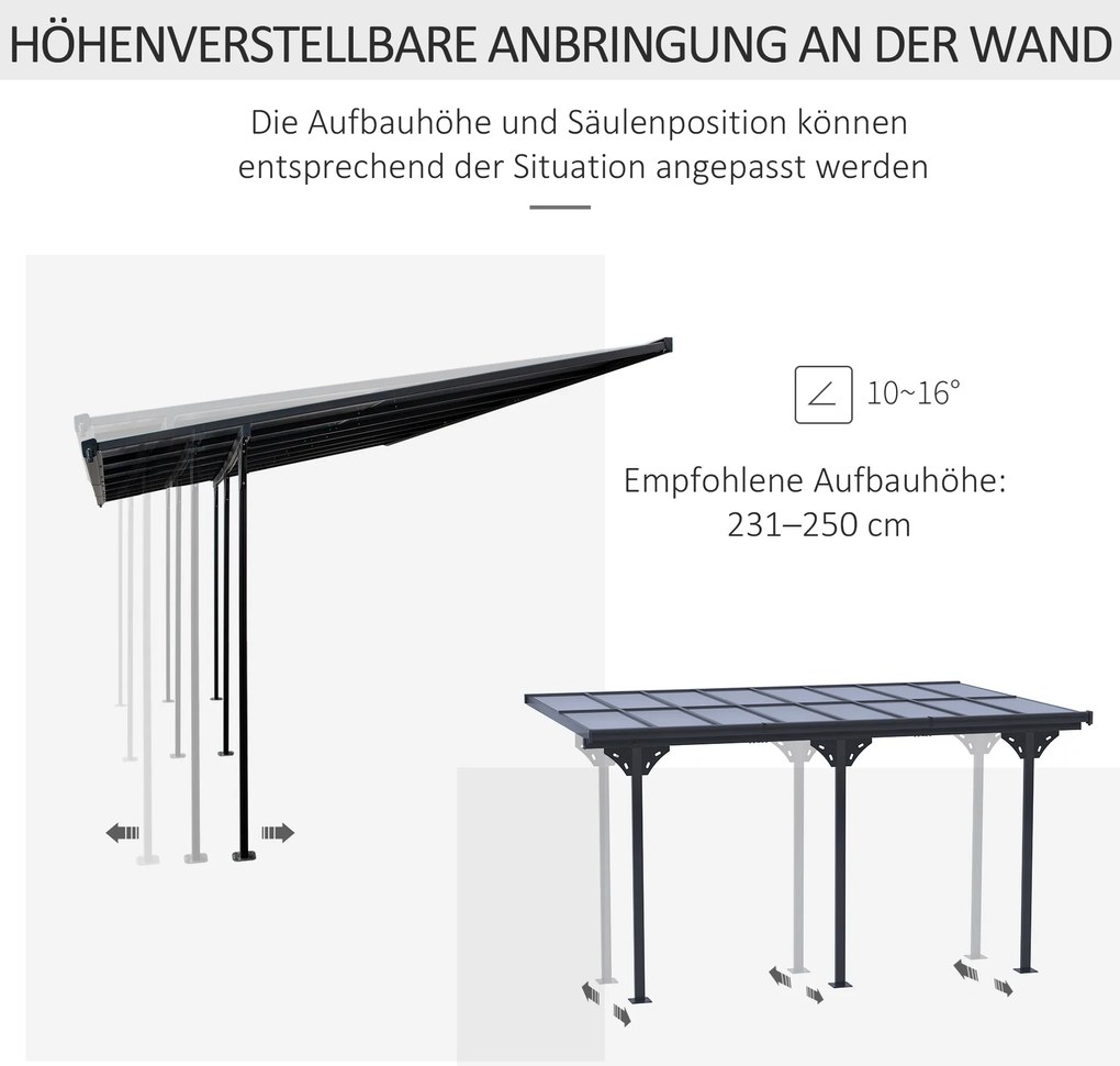 Hliníková pergola ke zdi 4,35 × 3,02 m, zastřešení terasy s polykarbonátovou střechou, výškově nastavitelná, šedá