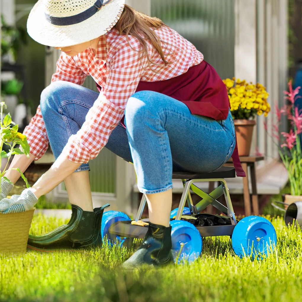 Mobilní zahradní stolička Outsunny s vozíkem a úložným prostorem – 50 x 49 x 32 cm