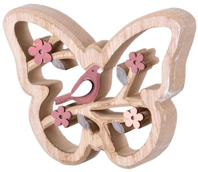 Dřevěná dekorace 130x20x100 mm motýl s ptáčkem, přírodní, růžová | BIANO