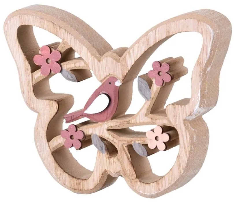 Dřevěná dekorace 130x20x100 mm motýl s ptáčkem, přírodní, růžová