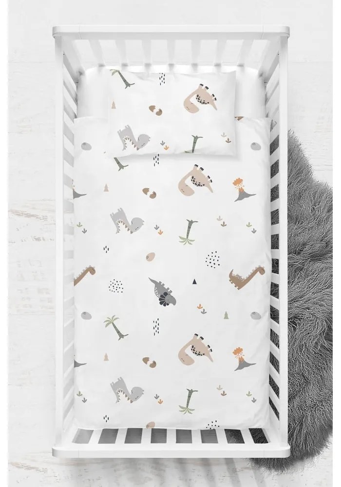 Bílé dětské povlečení do postýlky z bavlny Renforcé 100x150 cm Dinozor – Mijolnir