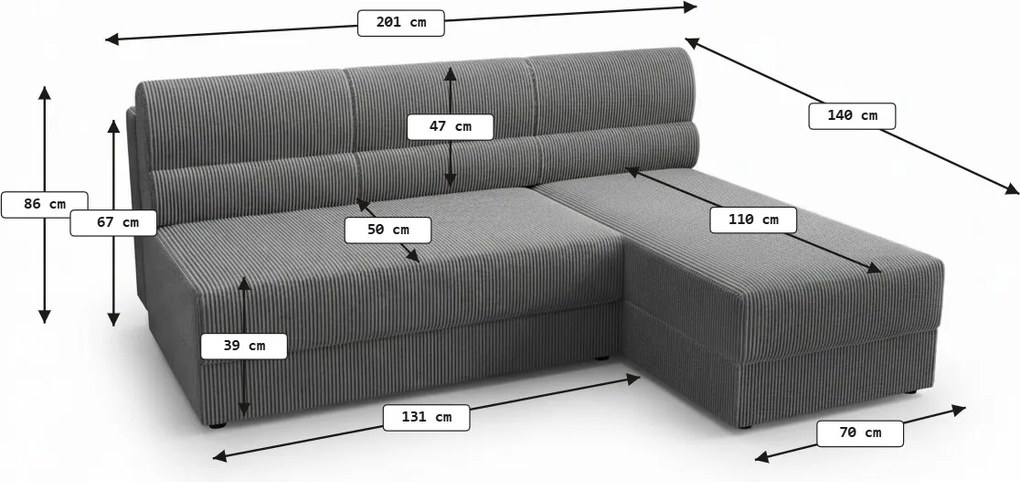 Rozkládací oboustranná sedací souprava do L TAVERO SLIM 201x140 cm, tmavě modrá