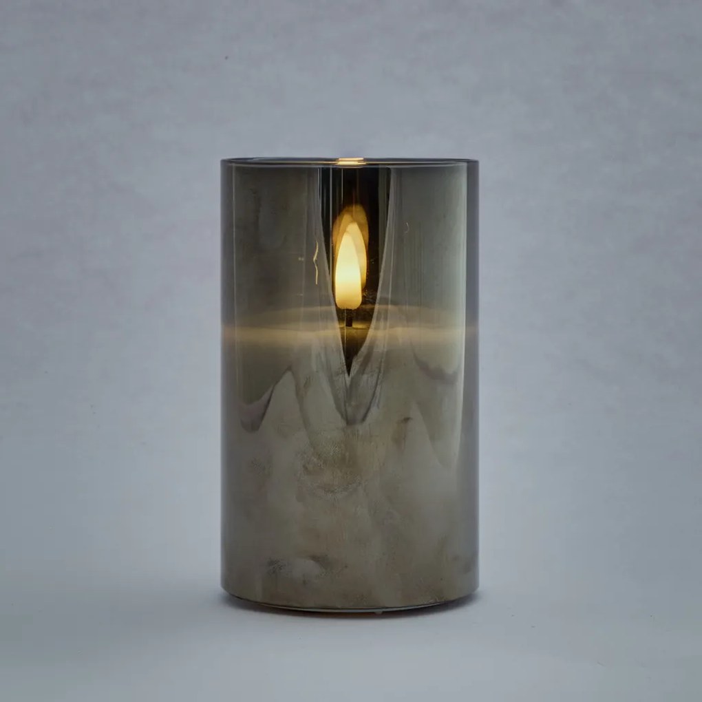 LED svíčka ve skle na baterie, Ø 7,5 × 15 cm, šedá, 2× AA, teple bílá