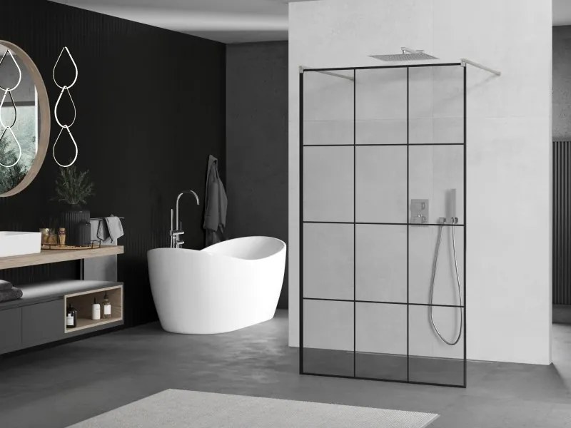 Mexen Kioto, sprchová zástěna Walk-In 100 x 200 cm, 8mm sklo černý vzor, broušená ocel profil, 800-100-002-97-77