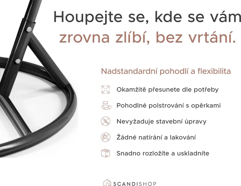 Šedé závěsné křeslo KOKON bez stojanu, bílo-šedý polštář