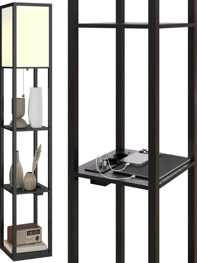 HOMCOM stojací lampa s policemi, nastavitelným světlem, nožním spínačem a USB porty, černá