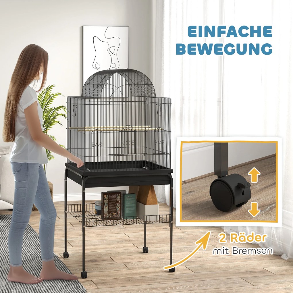 PawHut klec pro ptáky velká klec pro andulky s podnosem, policí, krmítkem, ptačí budka na kolečkách pro kanáry, ocel 63 x 53 x 144 cm černá
